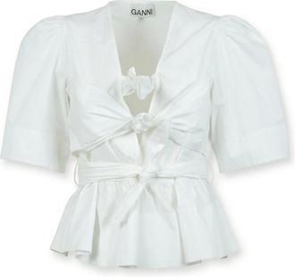 Ganni Femme, Blouses et Chemises, Blanc, Taille: 38 FR Blouse &agrave; Bretelles Nou&eacute;es en Coton Stretch