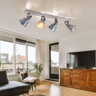 Globo Lighting Deckenstrahler Deckenleuchte 4 flammig Wohnzimmerlampe Spotleuchte beweglich Holzlampe, Metall zinkfarben, 4x E27, LxH 82x18 cm