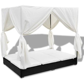 vidaXL Outdoor-Loungebett mit Vorhang Poly Rattan Schwarz vidaXL