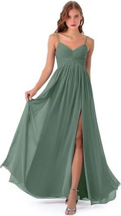 Generic Robe de demoiselle dhonneur en mousseline de soie avec poches et bretelles spaghetti et col en V avec fente, Eucalyptus, 50 Grande taille