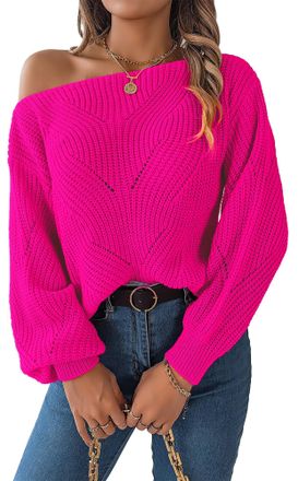 Feoya FOEYA Lockere One Line Strickpullover Damen Modische Off-Schulter Langarm Pullover Sexy Casual Knit Sweater Herbst Und Winter L