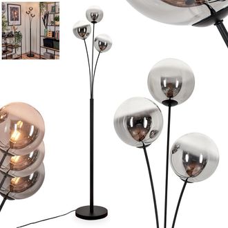 HOFSTEIN Stehleuchte Bernado, Stehlampe aus Metall/Glas in Schwarz/Rauchfarben/Klar, Leuchte im modernen Retro/Vintage-Design mit Schirmen aus Glas (Ø 15 cm), 