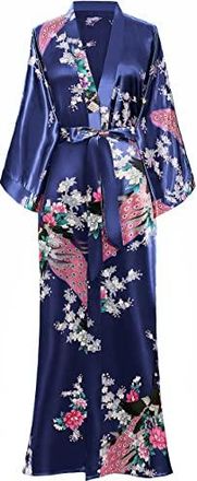 Babeyond Robe de chambre très longue en satin pour femme, kimono dété à motif floral, long peignoir kimono imprimé, pour soirée pyjama entre filles, bleu foncé