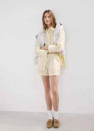 Mango Short en popeline ray&eacute;e message brod&eacute; jaune - Femme - XS - MANGO