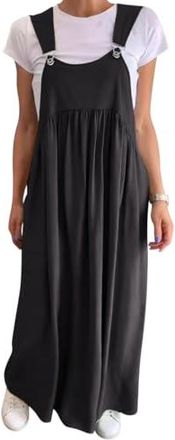 Onsoyours Mini Robe Décontractée en Lin à Col Carré avec Poche et Bretelles Larges pour Femme Robe Salopette Femme Rompers Couleur Unie A Noir XXL