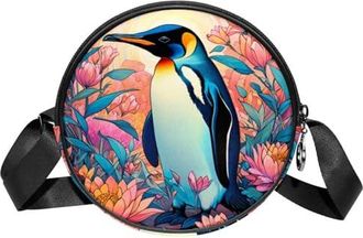 Generic Sac &agrave; bandouli&egrave;re rond pour femme, motif pingouin &agrave; dessin color&eacute;, petit sac &agrave; dos &agrave; bandouli&egrave;re avec fermeture &eacute;clair, bretelles r&eacute;glables, sac &agrave; mai