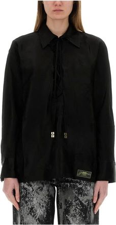 Ganni Femme, Blouses et Chemises, Noir, Taille: 38 FR Fluid Satin Jacquard Tie String Raglan Shirt