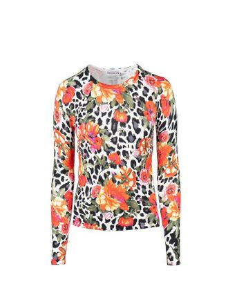 Passioni Strickpullover mit schwarzwei&szlig;em Leopardenmuster und roten Bl&uuml;ten