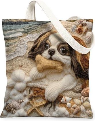 Generic Sac fourre-tout amusant en toile motif chien menton japonais pour faire du shopping, 33 x 38,1 cm, sac d&eacute;picerie r&eacute;utilisable pour femme, peinture dan