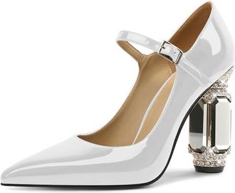 EDEFS Escarpins Femme Prêts pour lÉvénement Mary Jane en Cuir Verni Talon Haut Bloc 9 cm Accents de Strass Cristal Étincelant Bout Pointu pour Mariages Gala