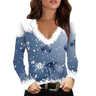 Generic Chemise de Noël pour femme avec bordure en fausse fourrure et col en V - T-shirt de Noël amusant à manches longues sans capuche - Chemisier fantaisie 
