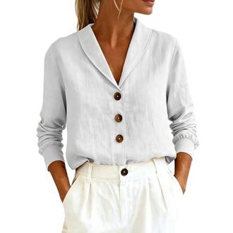 Generic Chemise pour Femmes Coton Et Lin Chic Loisir Chemisiers Et Blouses Et&eacute; Manche Longue &Agrave; Col V L&acirc;ches Haut L&eacute;g&egrave;re Respirant Tuniques &Agrave; La Mode Coton Et 