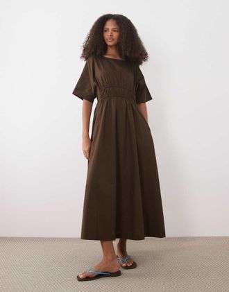 Threadbare Robe mi-longue en popeline de coton &agrave; manches courtes - Marron chocolat