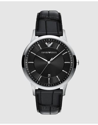 Emporio Armani Archetipo Uhr mit drei Zeigern und schwarzem Lederarmband in Silber