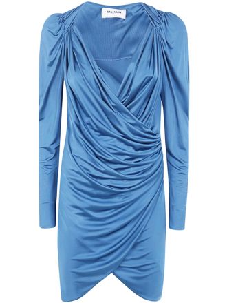 Balmain Dress Draped Long Sleeves Open Neck