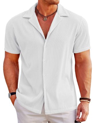 Coofandy Sommerhemd Herren Hemd Kurzarm Herrenhemd Hawaii Hemd M&auml;nner Kurzarmhemd Freizeithemd Strandhemd Regular Fit Wei&szlig; XL