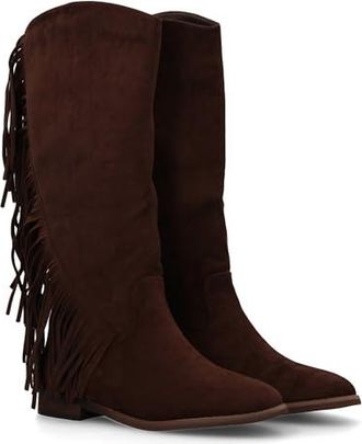 Shoes & Blues Bottines plates pour femme avec franges et imprimé uni, design moderne. Style cowboy. Talon plat. Fermeture à glissière. Idéales pour lhiver automne.,