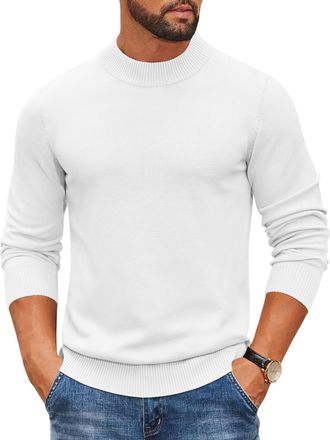 Coofandy Herren Pullover Rundhals Langarm Rollkragenshirt Gestrickt Rollkragenpullover Mock Turtleneck Sweater Leicht Strickpullover Weiß 3XL