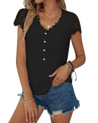 Minetom T-Shirt Damen Spitze Sommer Bluse Casual V-Ausschnitt Kurzarm Tops Spitzentop Oberteile Elegant Hemdbluse Shirts C Schwarz XXL