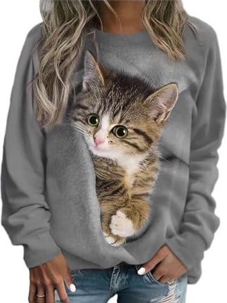 Onsoyours Femme Pull Chat Imprim&eacute; Animal Imprim&eacute; 3D Motif De Chat Sweat Col Rond &Agrave; Manches Longues Color Block Patchwork Pullover Tops Mode Sweat-Shirt Blouse 0
