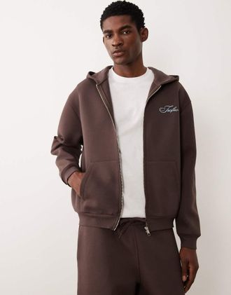 Asos Locker geschnittene Kapuzenjacke aus neoprenartigem Stoff in Braun mit Stickerei-Brown