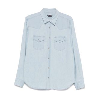 Tom Ford Homme, Chemises, Bleu, Taille: 2XL Chemise en Denim Bleu Clair avec Fermeture &agrave; Pression