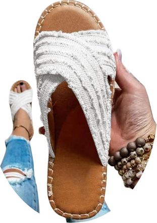 Onsoyours Schlappen Damen Espadrille Sandalen Flache Sommer Bohemian Sandaletten Peep Toe Strand Hausschuhe Criss Kreuz Slippers Flip Flop Sommerschuhe A Wei&szlig; 4