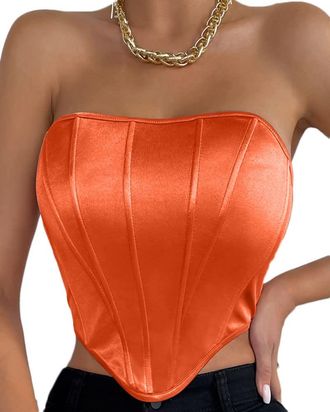 Onsoyours Damen Corset Tops Y2K Sexy Tr&auml;gerlos Crop Top Bandeau Korsett Oberteile Push Up Bustier Clubwear Streetwear T-Shirt Damen Crop Top A Orange M