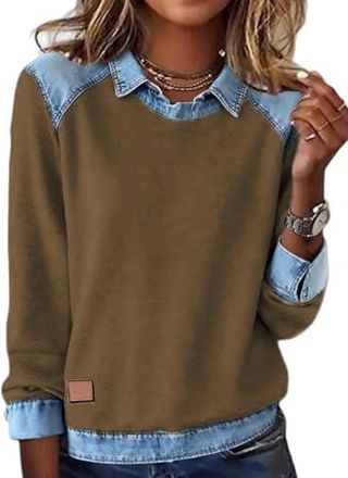 Generic Chemises en denim patchwork &agrave; revers pour femme - Col en denim - Patchwork d&eacute;contract&eacute; - Pull ample - Haut de couleur unie, Jaune kaki., XXL