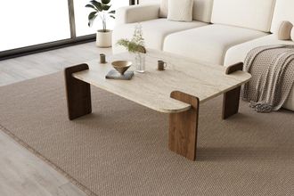 Moebel17 Couchtisch Brilliance Travertin Braun Moderner Sofatisch, Tisch f&uuml;rs Wohnzimmer aus Holz, Ablagef&auml;cher, Stauraum mit T&uuml;r, Desig (Trawertin Braun)