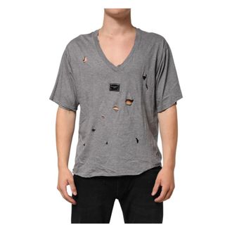 Dolce & Gabbana Graues Tattered Logo Patch Herren T-Shirt - - Tops - Herren - Grau - XL
