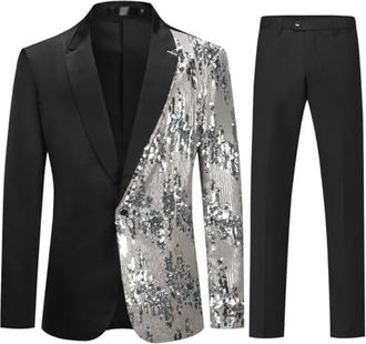 AlltheMen Costume Homme à Paillettes 2 pièces Casual Veste de Smoking Slim Fit Dorés pour Soirée 43 Argenté XL