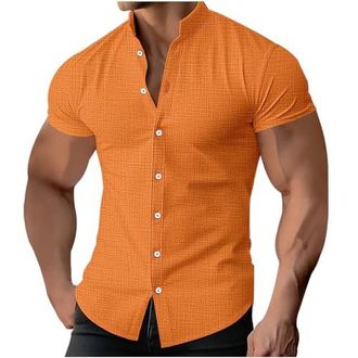 Generic Chemise en lin pour homme respirante unie boutonn&eacute;e &agrave; col montant intelligente classique l&eacute;g&egrave;re confortable d&eacute;contract&eacute;e &agrave; manches courtes pour l&eacute;t&eacute; e