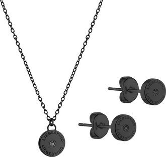 Liebeskind BERLIN Schmuck-Set mit Zirkonia-Stein - Halskette mit rundem Coin-Anh&auml;nger und kleinen Ohrsteckern - IP Schwarz - Ankerkette verstellbar bis 45 cm - w