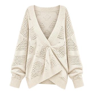 Akep Pull col V en Coton et Cachemire - Femme - Pulls - Beige - Taille: 38 FR