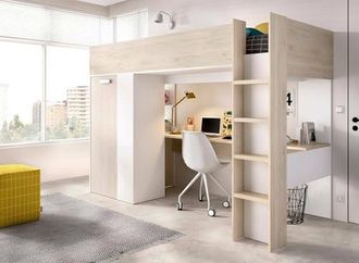 Dmora Schlafzimmer Focoletta, Komplettes Schlafzimmer, Kinderzimmer, Loft-Bett Kit, 206x111 h178 cm, Wei&szlig; und Eiche