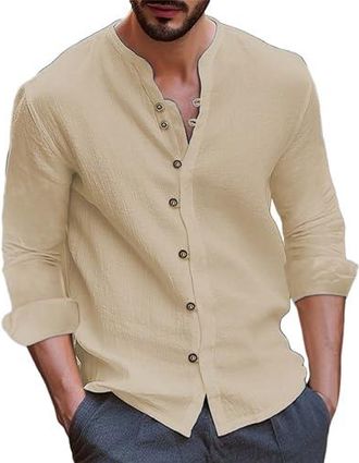 Generic Chemise en coton et lin pour homme - Chemisier dentra&icirc;nement d&eacute;contract&eacute; pour le printemps et lautomne - Col de chemise en coton &agrave; manches longues - C