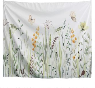 A.Monamour Wandteppiche Wanddekor Tuch Aquarell Grüne Pflanzen Blätter Und Blumen Fliegende Schmetterlinge Botanisch Wandtuch Wandbehang Wandkunst Wandbilder für