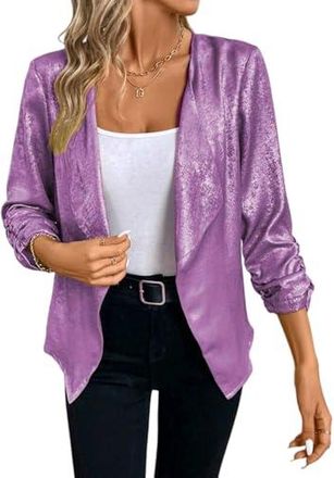 Generic Blazer pour Femme - Veste Blazer Scintillante pour Femme Cardigan Ouvert sur Le Devant Manches 3/4 Fronc&eacute;es Col &Agrave; Revers Veste De Tailleur &Eacute;l&eacute;gante Et