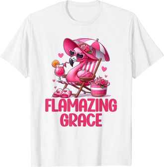 BDAZ Flamazing Grace Pink Flamingo Tropical Beach Scene Damen T-Shirt
