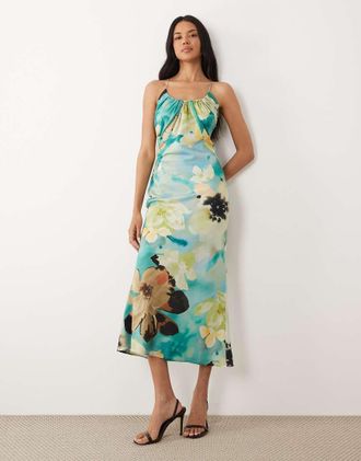 Asos Robe longueur mollet coup&eacute;e en biais &agrave; imprim&eacute; floral oversize et encolure d&eacute;gag&eacute;e-multicolore