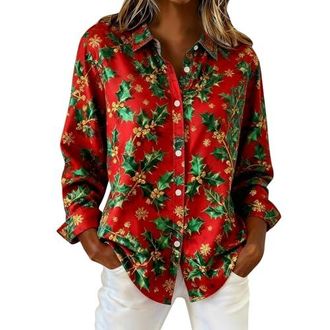 Generic Chemise de Noël à manches longues 2025 pour femmes, chemisiers amusants et décontractés boutonnés pour femmes, chemises de Noël imprimées à col ras du