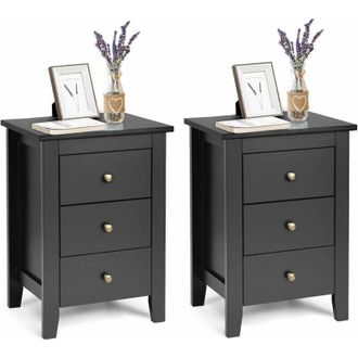 Costway 2er Set Nachttisch mit 3 Schubladen, Nachtschrank f&uuml;r Boxspringbett, Beistelltisch, Nachtkommode f&uuml;r Wohnzimmer Schlafzimmer, Schwarz, 46 x