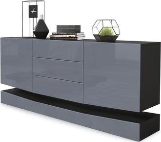 Vladon Sideboard City, Made in Germany, Schwarz matt/Grau Hochglanz - Moderne Kommode f&uuml;r Ihr Wohnbereich (178 x 72 x 38 cm)