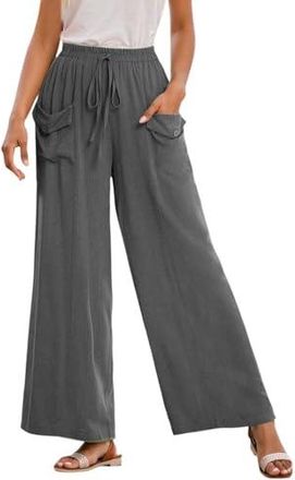 Generic Pantalon en coton et lin pour femme - Jambe large - Pantalon de plage d&eacute;t&eacute; confortable - Pantalon de yoga Palazzo - XIYU26072, gris, XXL