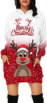 Generic Robe No&euml;l pour Femme Rouge Moche Sweat &Agrave; Capuche Longue L&eacute;ger &Agrave; Manches Longues Poche Sweat Pull Noel Renne Imprim&eacute; Automne Hiver Doux Costume No&euml;l Fe