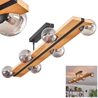 HOFSTEIN Deckenleuchte Chehalis, Deckenlampe aus Metall/Holz/Glas in Schwarz/Natur/Rauch, Leuchte im Retro/Vintage-Design mit Glasschirmen (Ø 10cm) und Holzbal