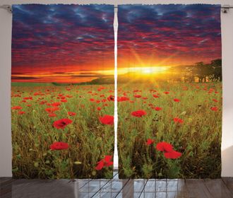 Abakuhaus Bunt Rustikaler Gardine, Wiese Poppies Himmel, Schlafzimmer Kräuselband Vorhang mit Schlaufen und Haken, 280 x 175 cm, Kadett Blau