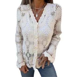 Generic Haut à manches longues et col en V brodé avec découpes et boutons pour femme, cardigan dété à manches cloches, motif floral décontracté, abricot, XXL