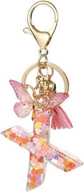 Generic Porte-cl&eacute;s en r&eacute;sine paillet&eacute;e 26 lettres avec papillon pompon porte-cl&eacute;s crochet, x, taille unique